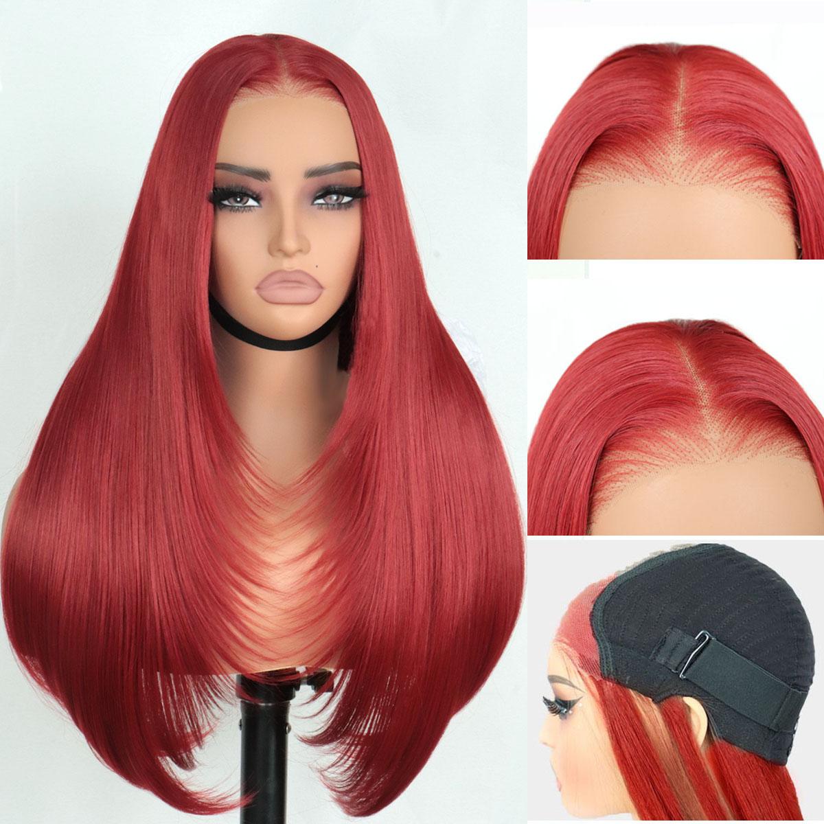Glueless Synthetic layered cut 9x7 Lace Front Red Wig Wear And Go Prem ...
